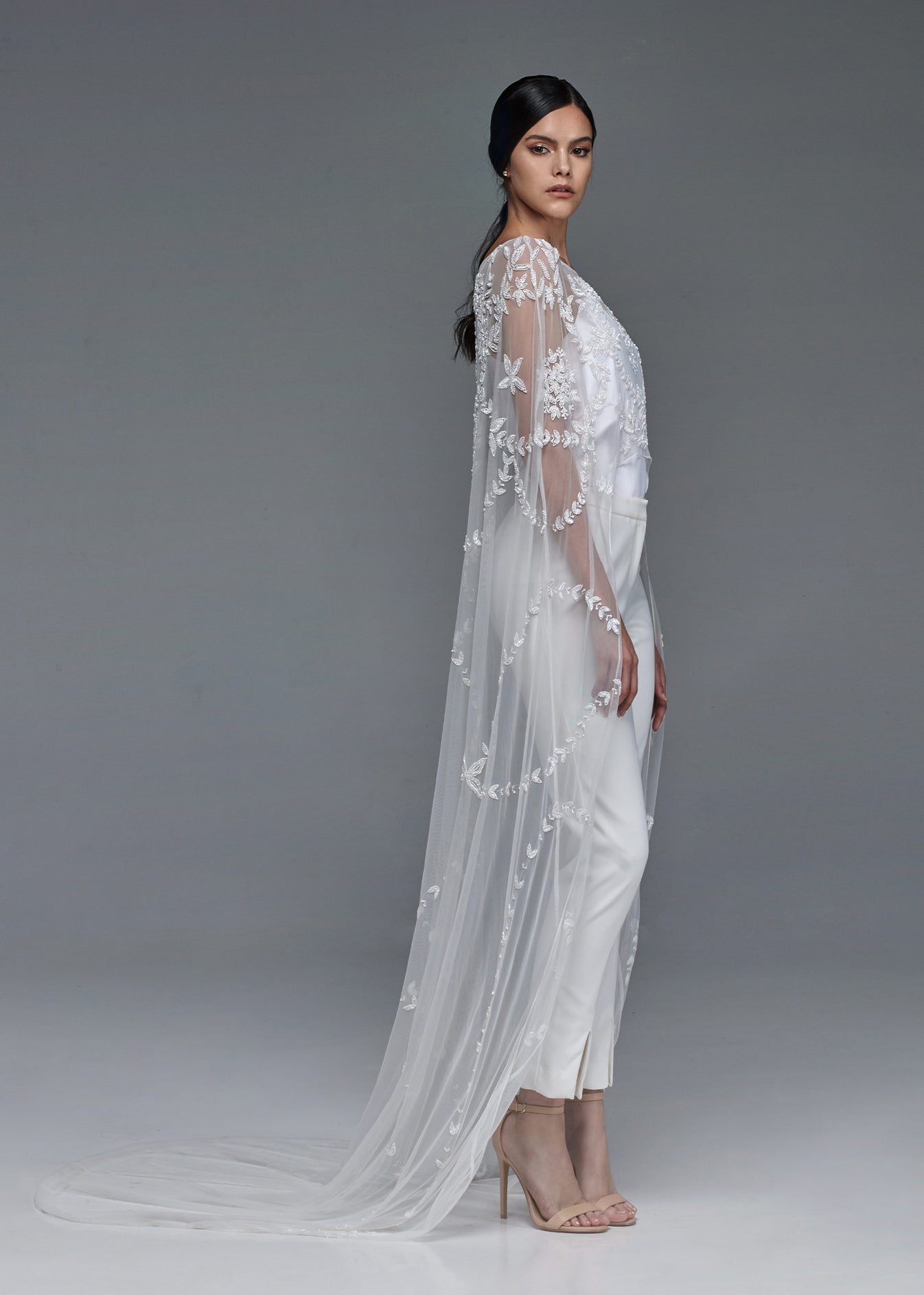 High Low Crystal Embroidered Cape with Chapel Train – Lotus Threads Bridal