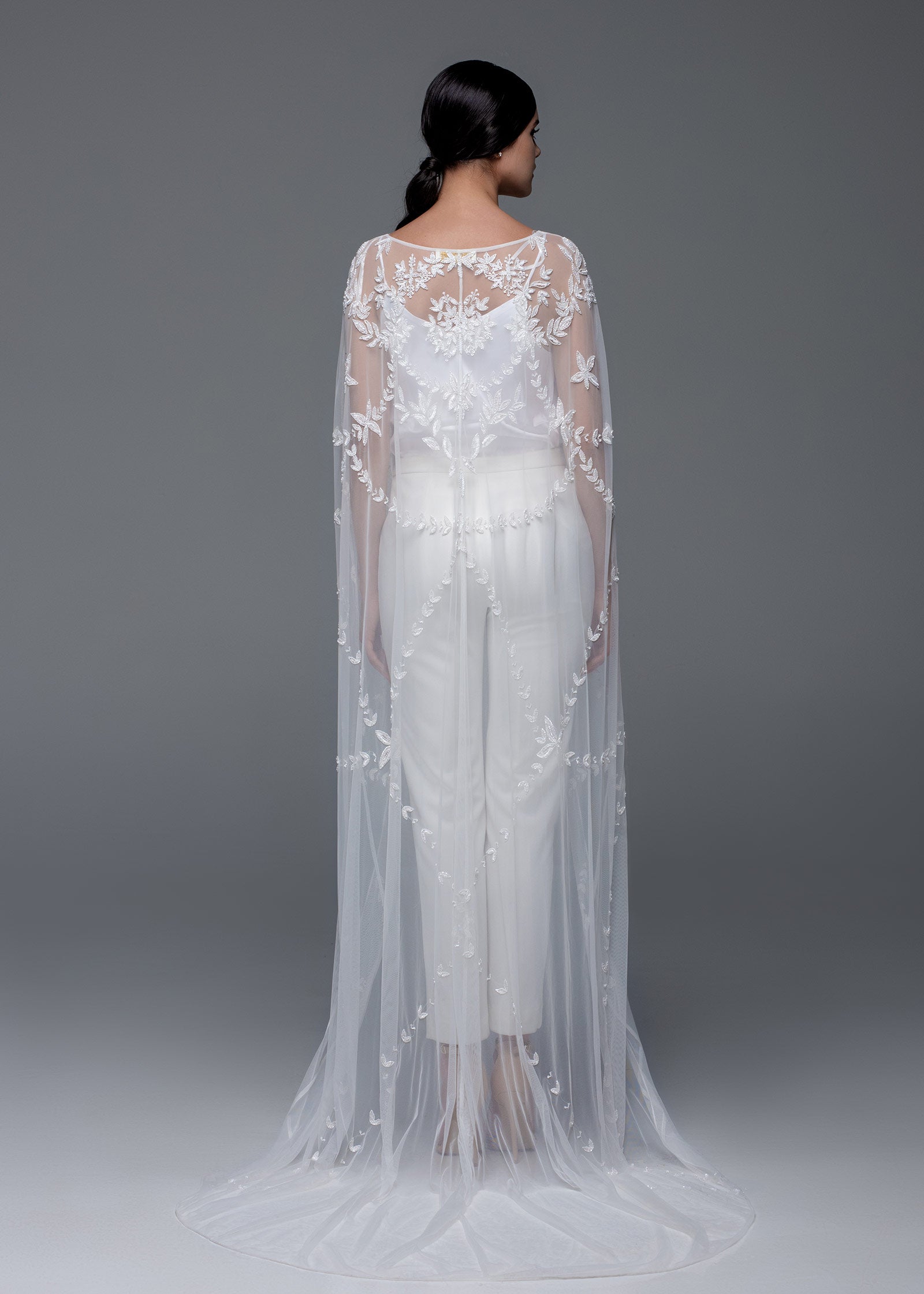 High Low Crystal Embroidered Cape with Chapel Train – Lotus Threads Bridal